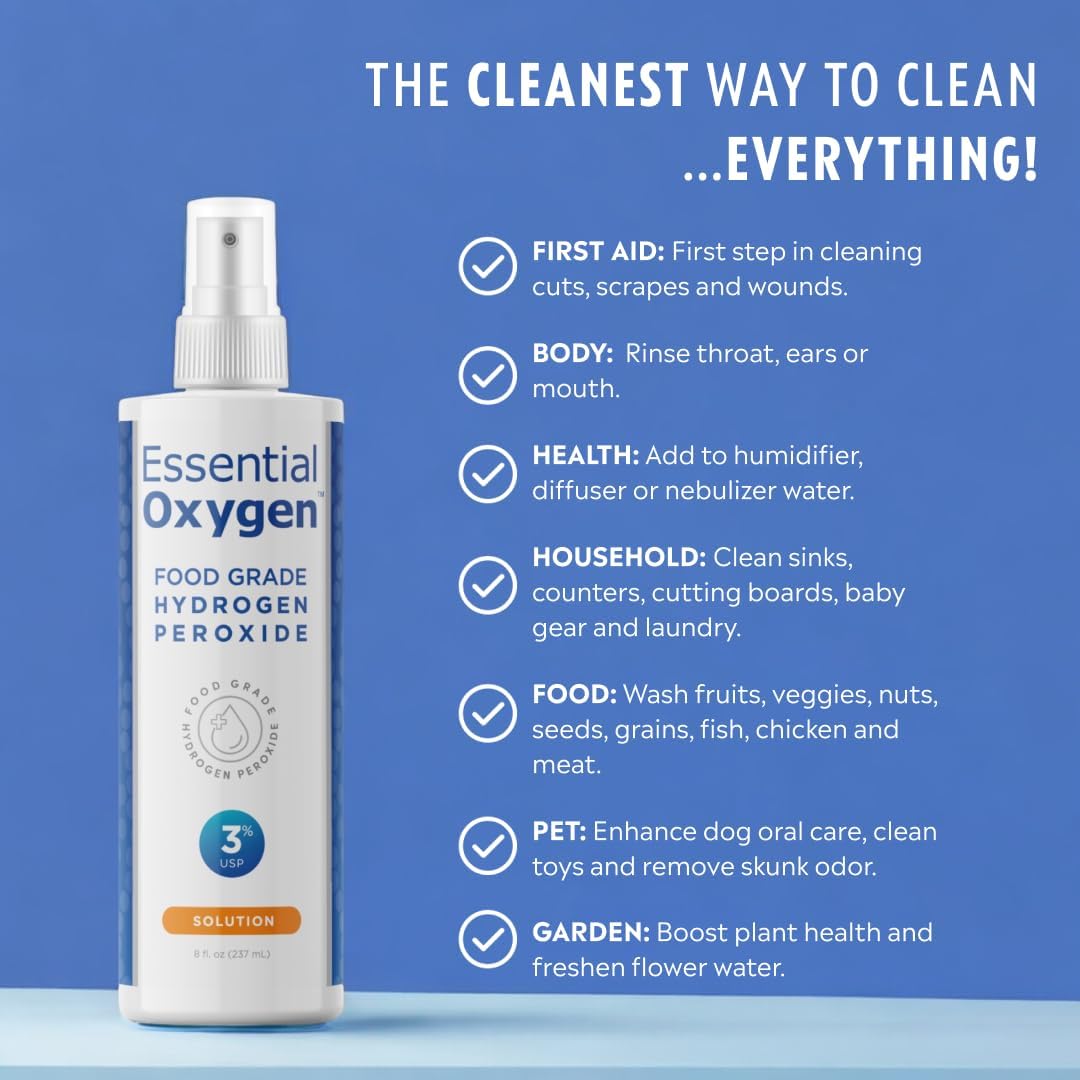 Essential Oxygen Food Grade Hydrogen Peroxide Spray 3% USP - 237ml ...